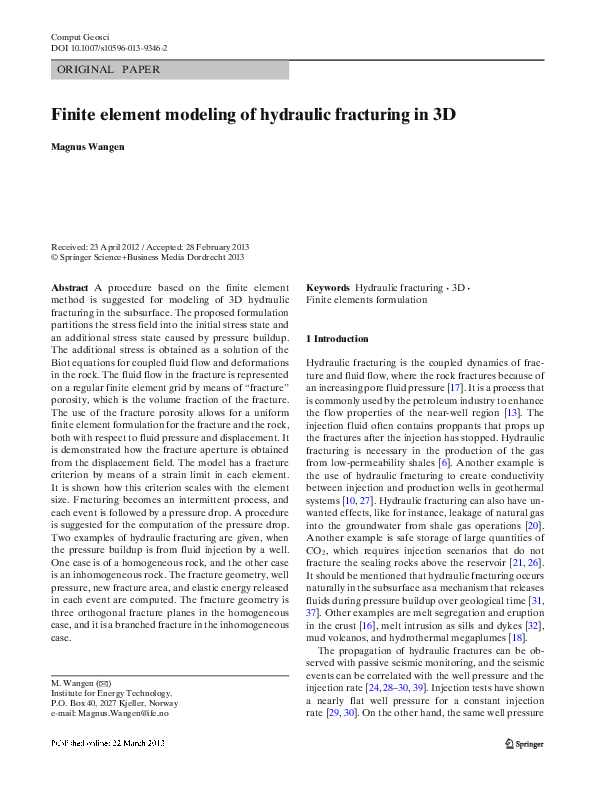 (PDF) Finite element modeling of hydraulic fracturing in 3D