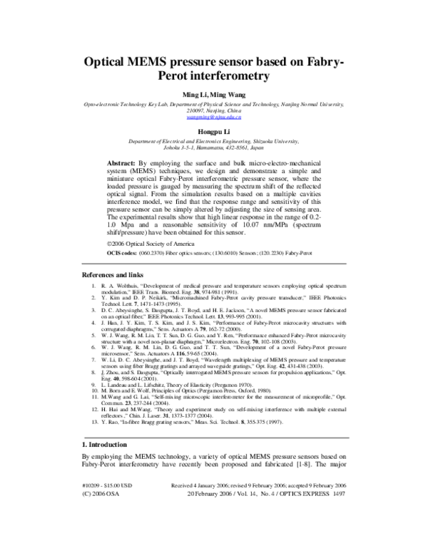 (PDF) Optical MEMS pressure sensor based on Fabry-Perot interferometry