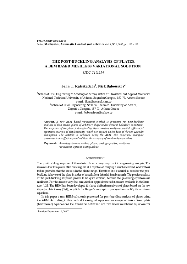 (PDF) Post-buckling Analysis of Plates. - A BEM Based Meshless ...