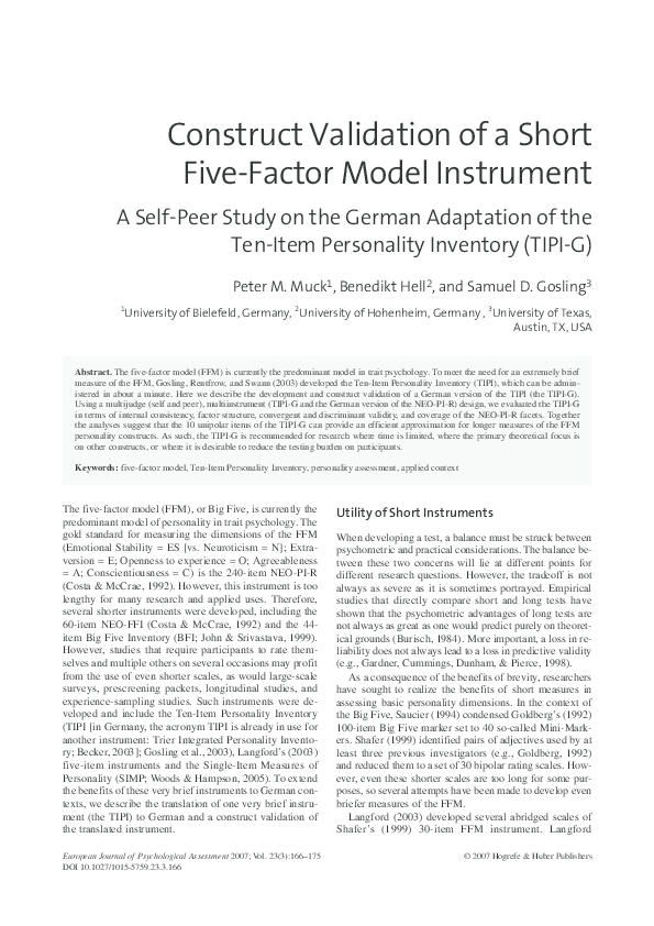 (PDF) Construct validation of a short five-factor model instrument: A self-peer study on the ...