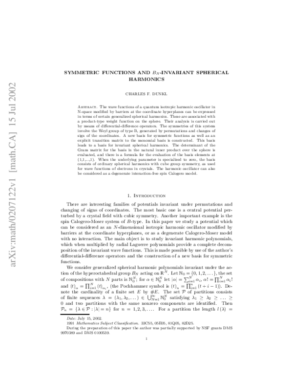 (PDF) Symmetric functions and B N -invariant spherical harmonics