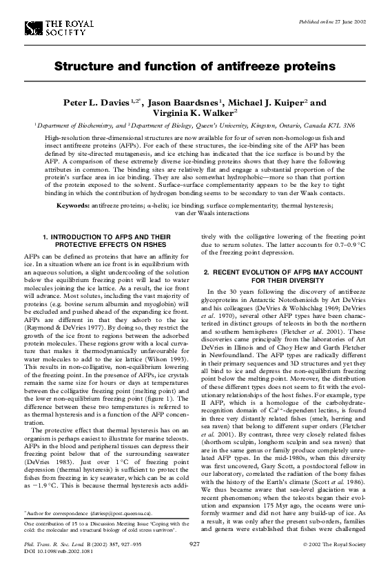 (PDF) Structure and function of antifreeze proteins