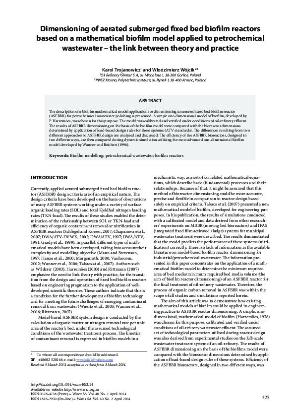 Pdf Dimensioning Of Aerated Submerged Fixed Bed Biofilm Reactors Based On A Mathematical