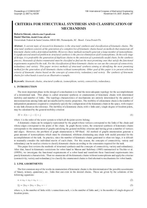 (PDF) Criteria For Structural Synthesis And Classification Of Mechanisms