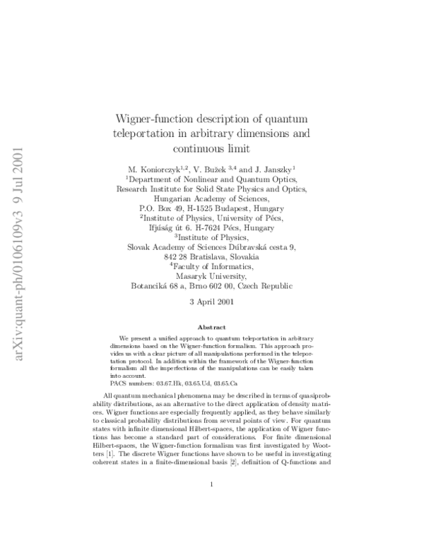 (PDF) Wigner-function description of quantum teleportation in arbitrary dimensions and a ...