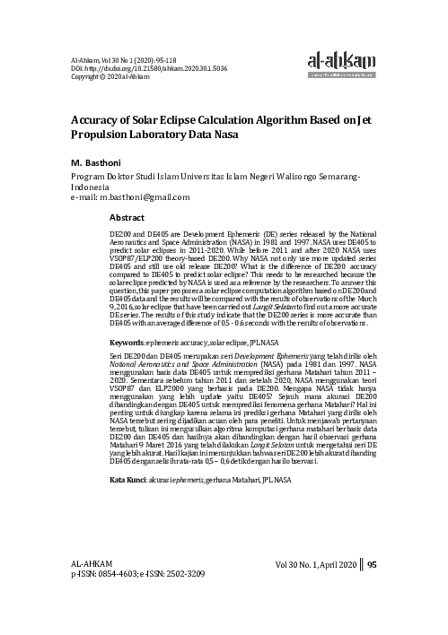 (PDF) Accuracy of Solar Eclipse Calculation Algorithm Based on Jet ...