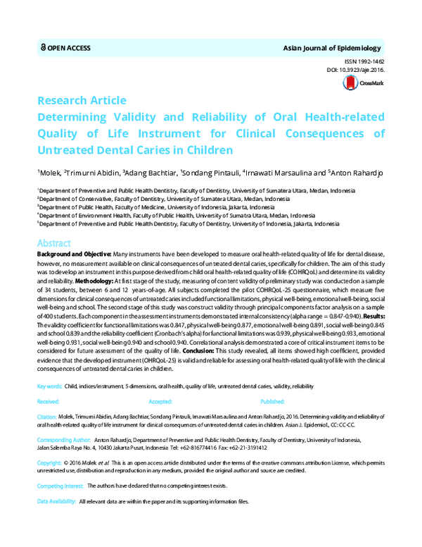 (PDF) Determining Validity and Reliability of Oral Health-related ...