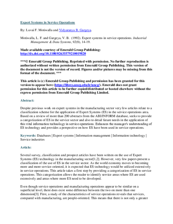 (PDF) Expert Systems in Service Operations
