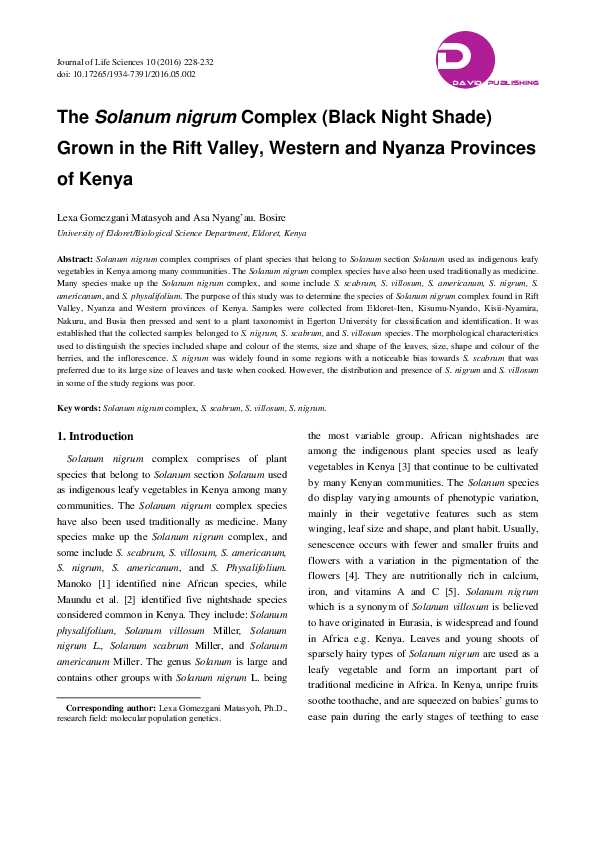 (PDF) The Solanum nigrum Complex (Black Night Shade) Grown in the Rift ...