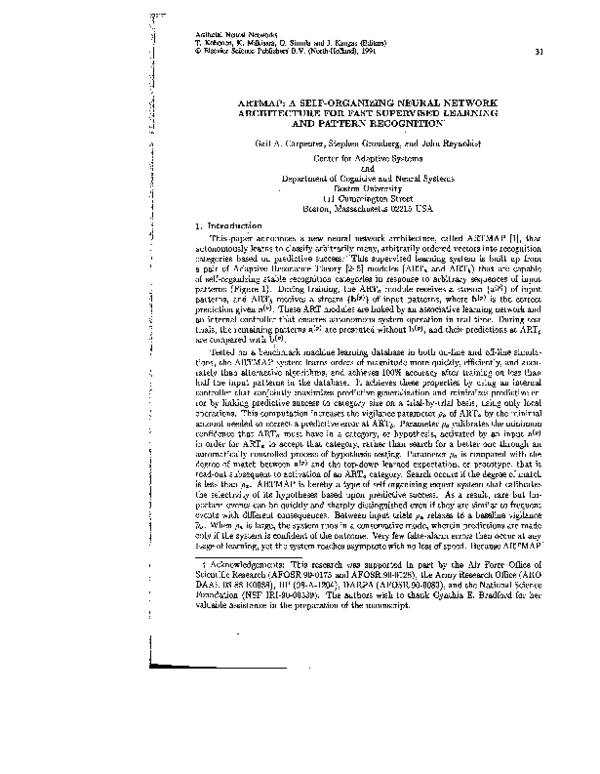 Pdf Artmap A Self Organizing Neural Network Architecture For Fast Supervised Learning And 