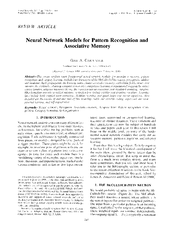 Pdf Neural Network Models For Pattern Recognition And Associative Memory