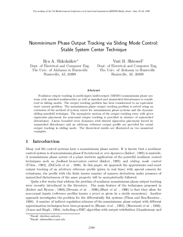(PDF) Nonminimum phase output tracking via sliding mode control: stable system center technique
