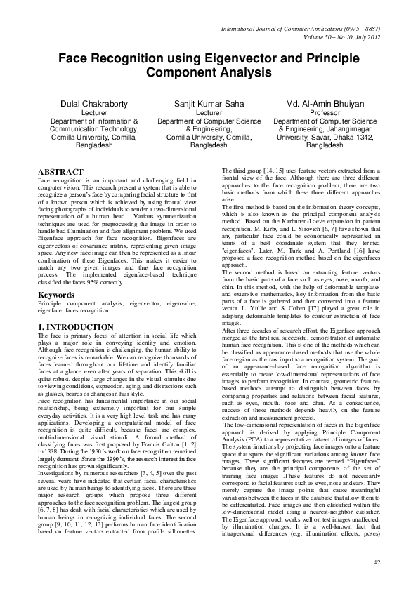 Pdf Face Recognition Using Eigenvector And Principle Component Analysis