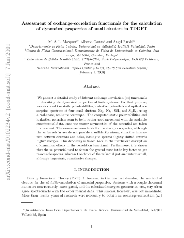 (PDF) Assessment of exchange-correlation functionals for the ...