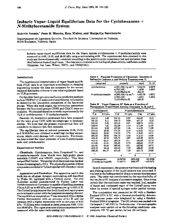 (PDF) Isobaric vapor-liquid equilibrium data for the cyclohexanone + N-methylacetamide system