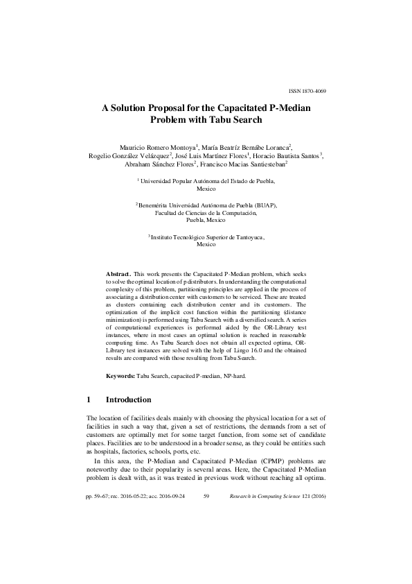 Pdf A Solution Proposal For The Capacitated P Median Problem With Tabu Search