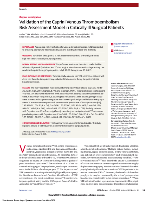 (PDF) Validation of the Caprini Venous Thromboembolism Risk Assessment ...