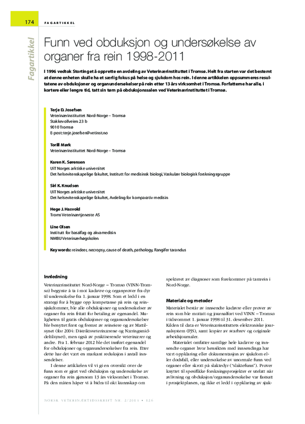 (PDF) Funn ved obduksjon og undersøkelse av organer fra rein 1998-2011