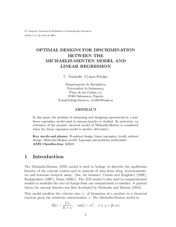 (PDF) Optimal Designs for Discrimination Between the Michaelis-Menten Model and Linear Regression