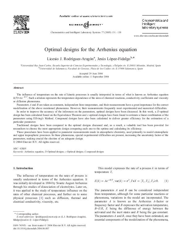 (PDF) Optimal designs for the Arrhenius equation (PDF) Optimal designs for the Arrhenius equation
