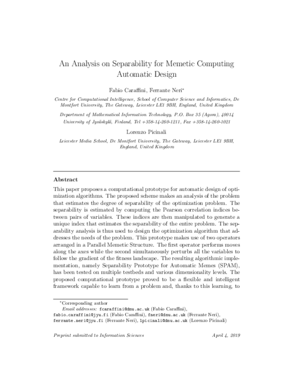 (PDF) An analysis on separability for Memetic Computing automatic design