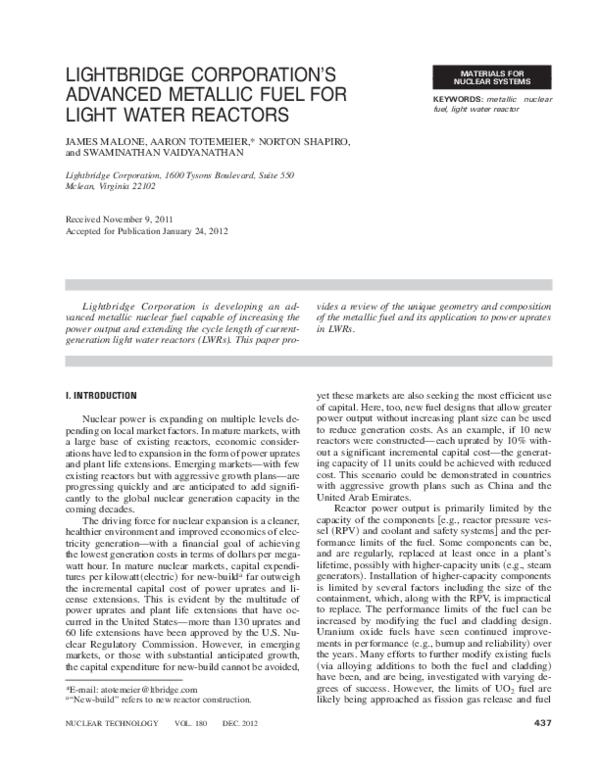 (PDF) Lightbridge corporation's advanced metallic fuel for light water ...