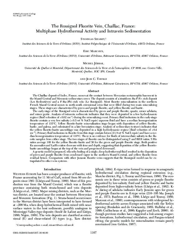(PDF) The Rossignol Fluorite Vein, Chaillac, France: Multiphase ...