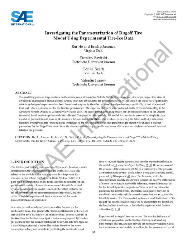 (PDF) Investigating the Parameterization of Dugoff Tire Model Using ...