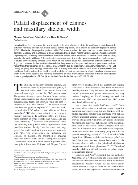 (PDF) Palatal displacement of canines and maxillary skeletal width
