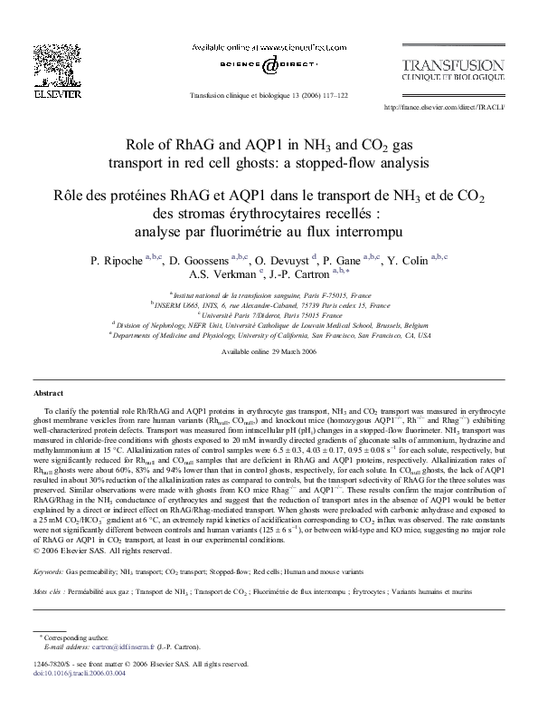 (PDF) Role of RhAG and AQP1 in NH3 and CO2 gas transport in red cell ...