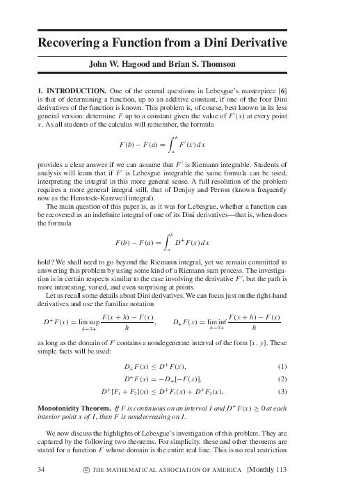 (PDF) Recovering a Function from a Dini Derivative