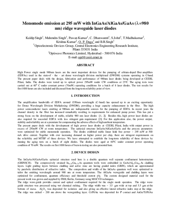 (PDF) Monomode emission at 295 mW with InGaAs/AlGaAs/GaAs (λ= 980 nm ...