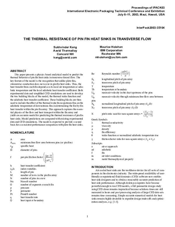 (PDF) The Thermal Resistance of Pin Fin Heat Sinks in Transverse Flow