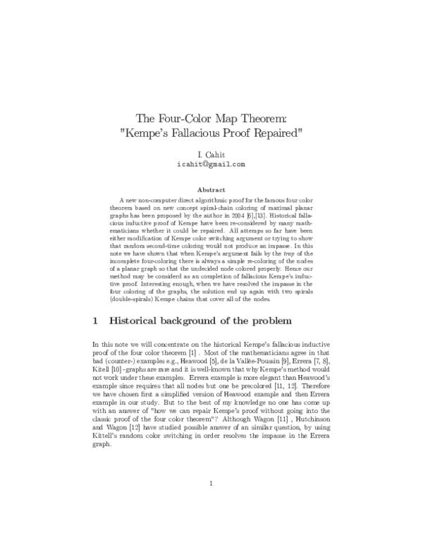 (PDF) The Four-Color Map Theorem: "Kempe’s Fallacious Proof Repaired"