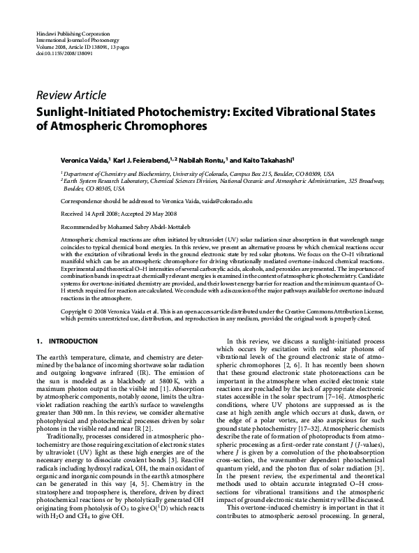 (PDF) Sunlight-initiated photochemistry: Excited vibrational states of ...