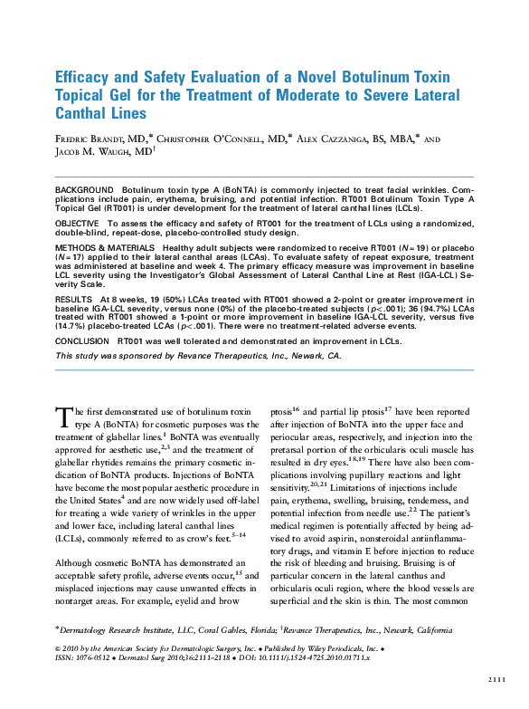 (PDF) Efficacy and Safety Evaluation of a Novel Botulinum Toxin Topical ...
