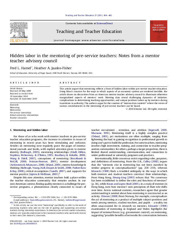 (PDF) Hidden labor in the mentoring of pre-service teachers: Notes from ...