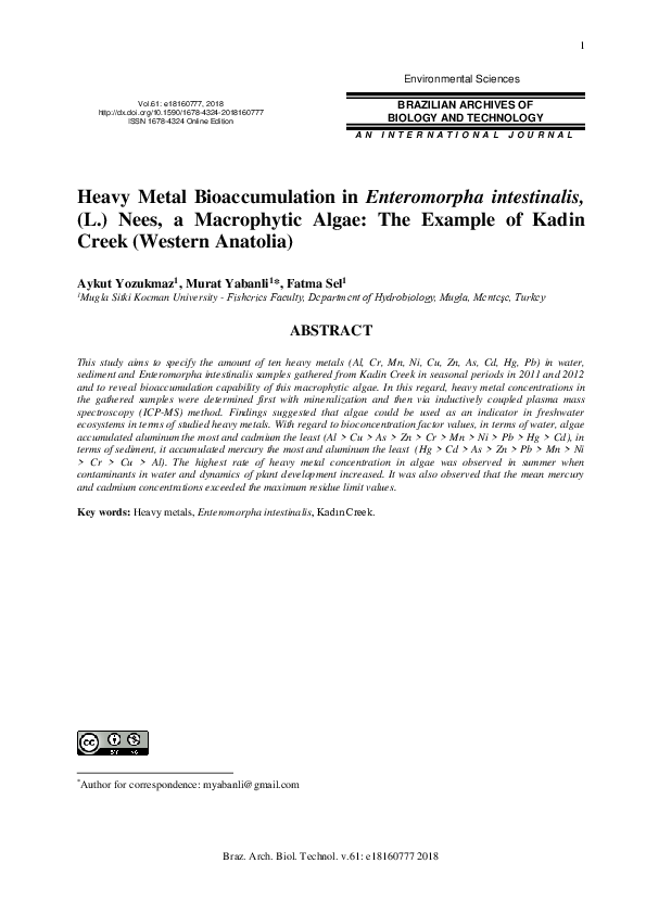 (PDF) Heavy Metal Bioaccumulation in Enteromorpha intestinalis, (L ...