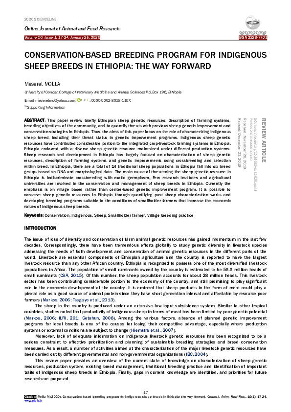 (PDF) Conservation-based breeding program for indigenous sheep breeds in Ethiopia: the way forward