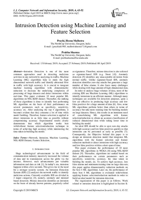 (PDF) Intrusion Detection using Machine Learning and Feature Selection
