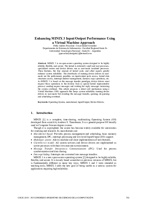 Pdf Enhancing Minix 3 Input Output Performance Using A Virtual Machine Approach