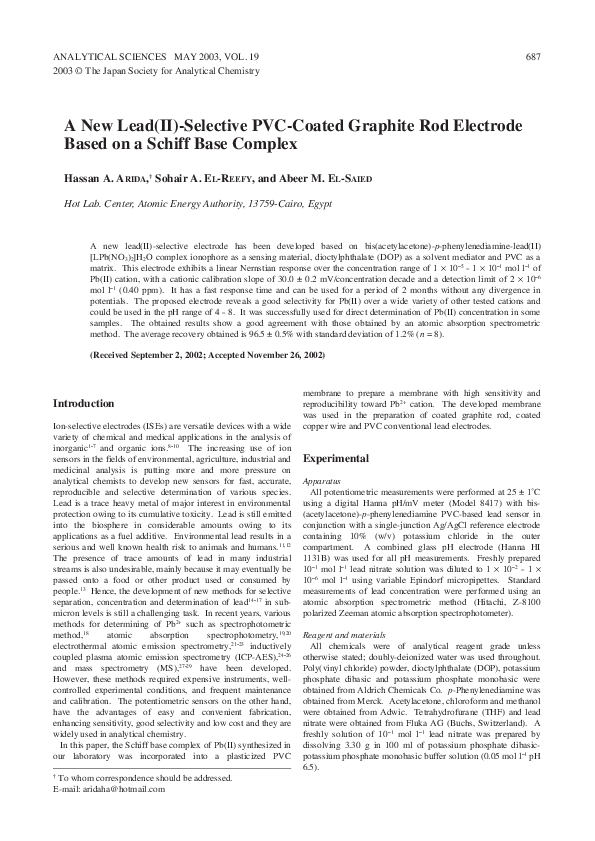 (PDF) A New Lead(II)-Selective PVC-Coated Graphite Rod Electrode Based on a Schiff Base Complex