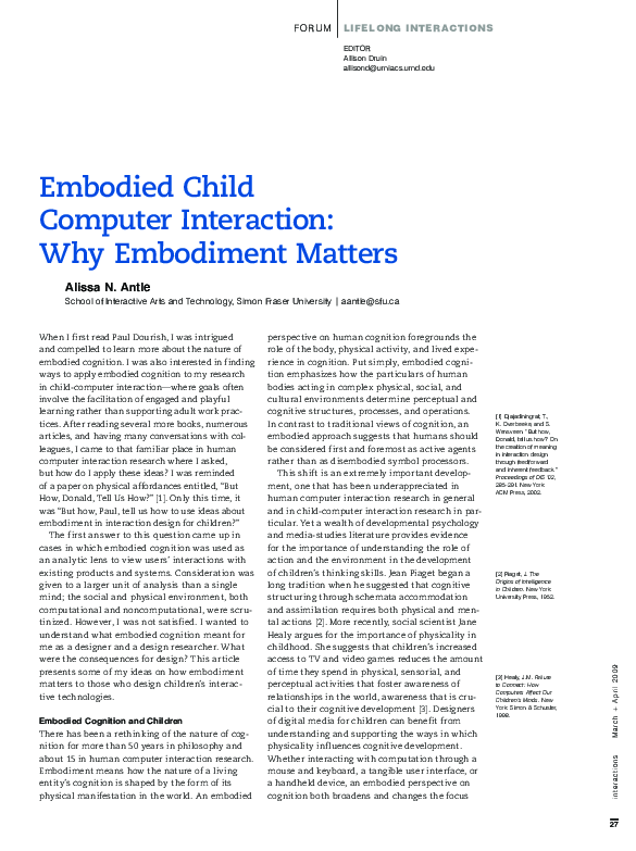 (PDF) Embodied child computer interaction -- Why embodiment matters