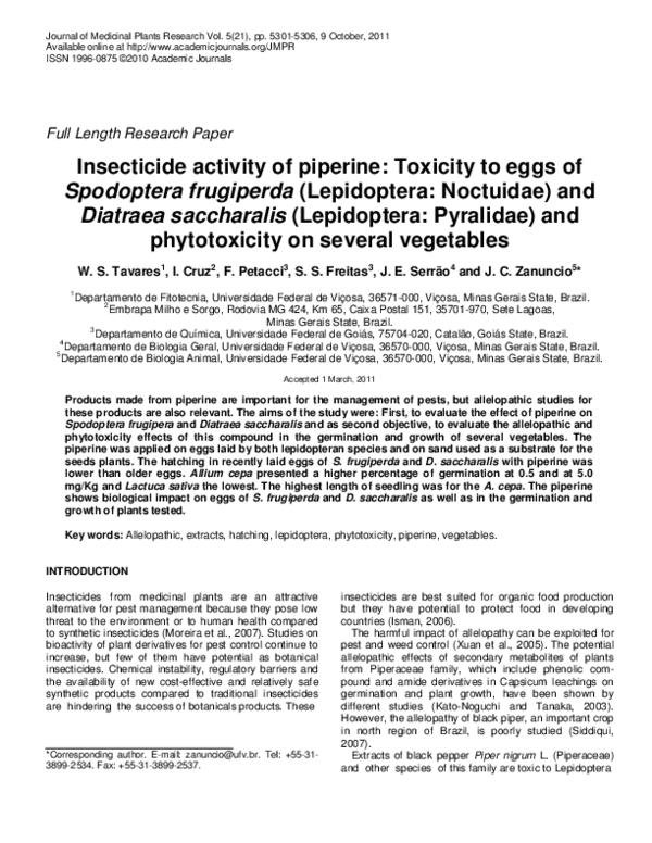 (PDF) Insecticide activity of piperine: Toxicity to eggs of Spodoptera ...