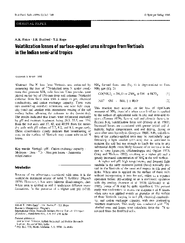 (PDF) Volatilization losses of surface-applied urea nitrogen from ...