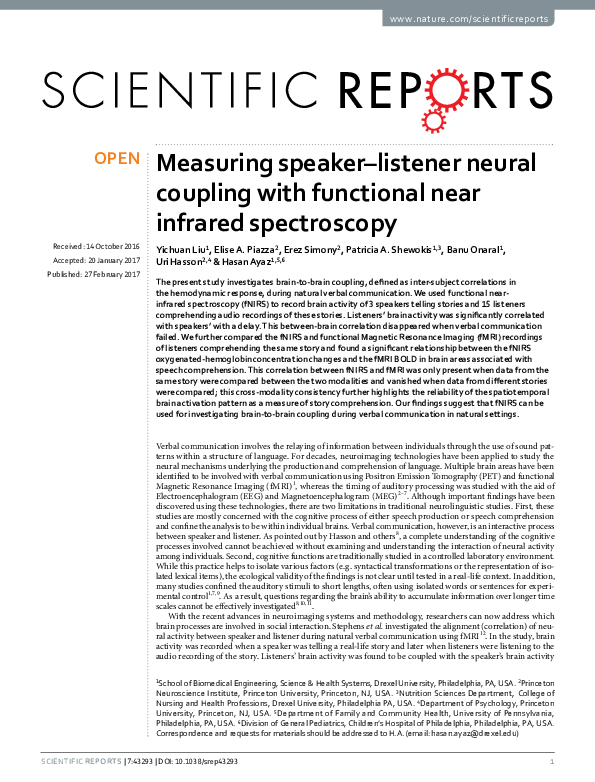 (PDF) Measuring speaker-listener neural coupling with functional near ...