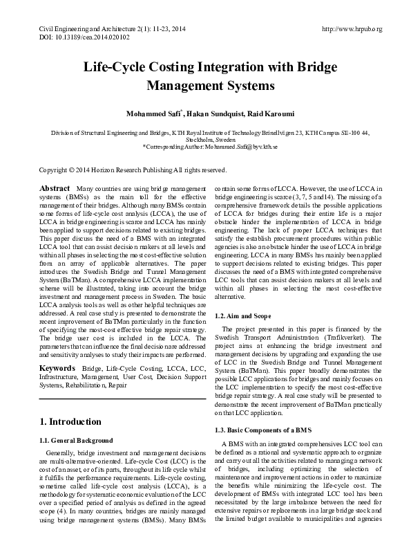 (PDF) Life-Cycle Costing Integration with Bridge Management Systems