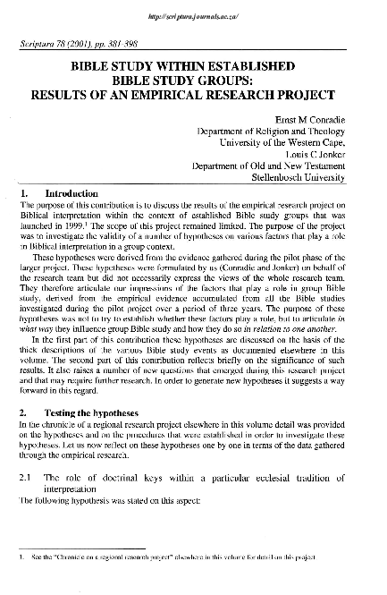 (PDF) Bible Study Witidn Established Bible Study Groups: Results of an ...