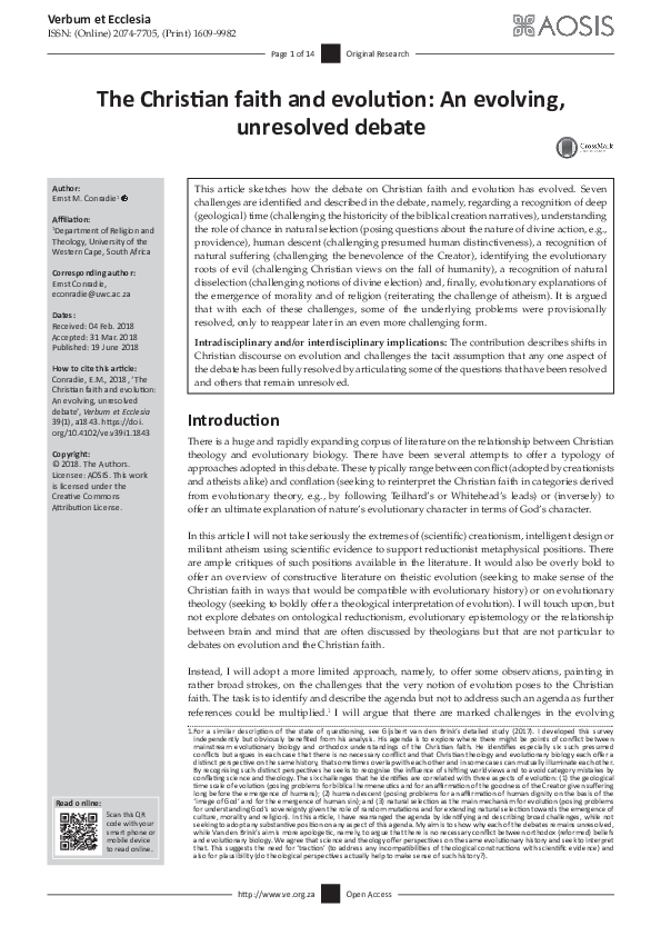 (PDF) The Christian faith and evolution: An evolving, unresolved debate