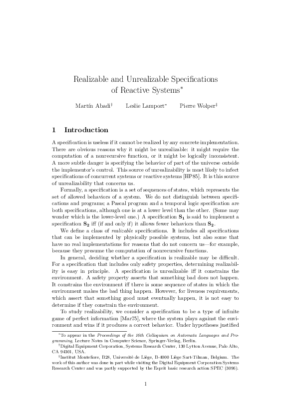(PDF) Realizable and unrealizable specifications of reactive systems